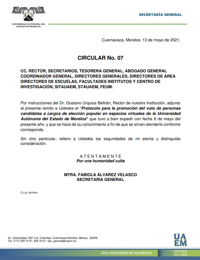 Circular No. 07 | 13/05/21 - Universidad Autónoma del Estado de Morelos