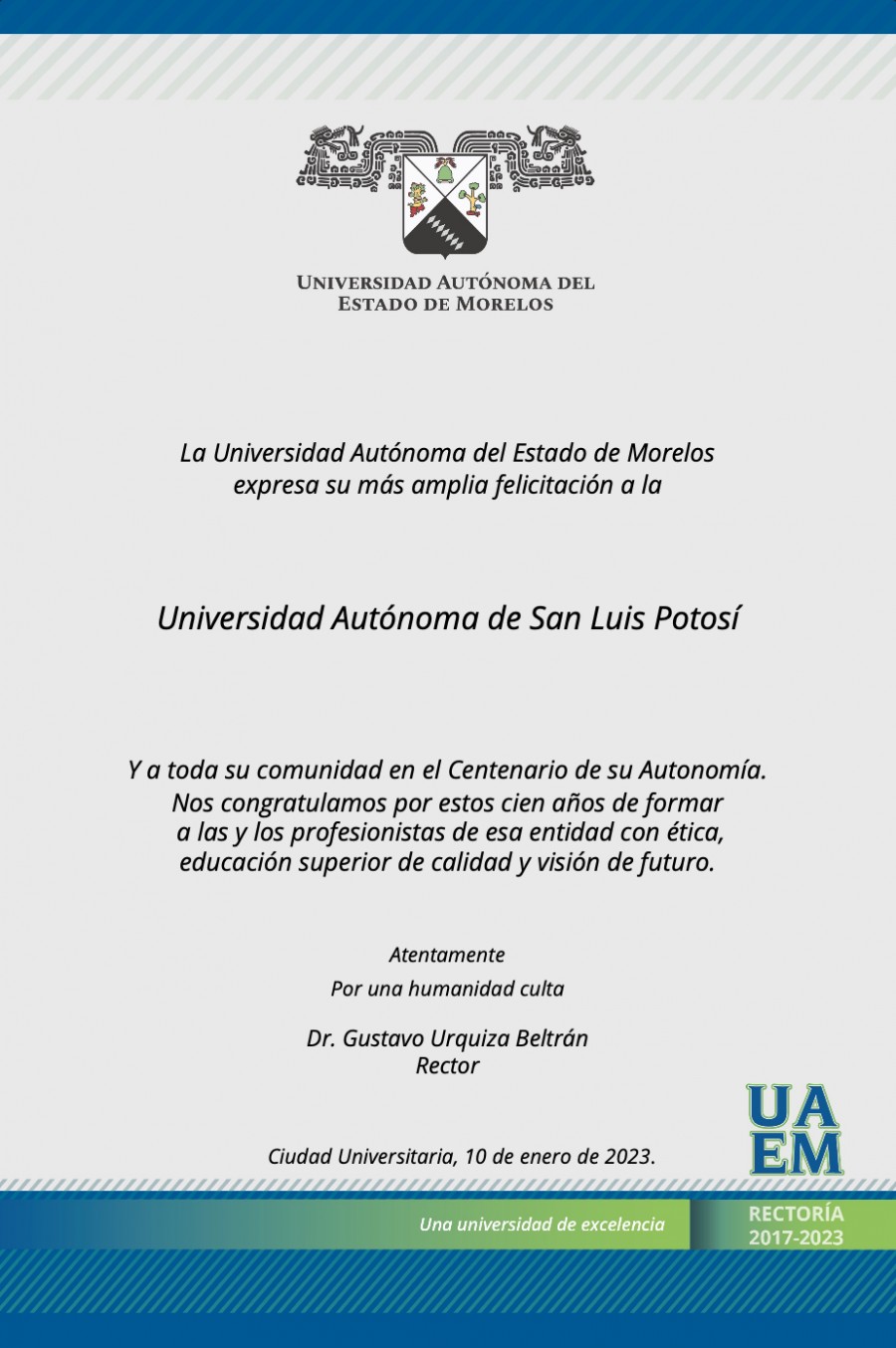 Felicitación | Universidad Autónoma de San Luis Potosí - Universidad Autónoma del Estado de Morelos